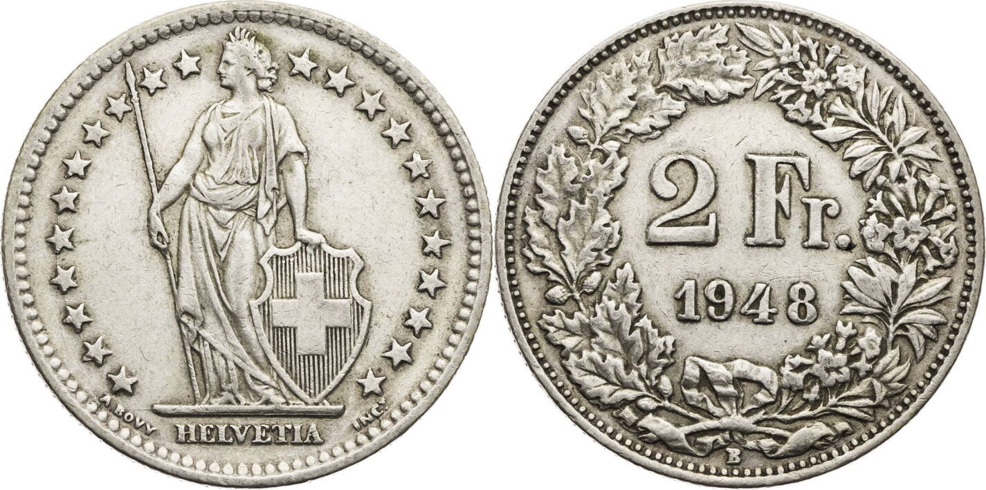 Schweiz 2 Franken 1948 B Helvetia - Kursmünze (1874-1967) ss | MA-Shops