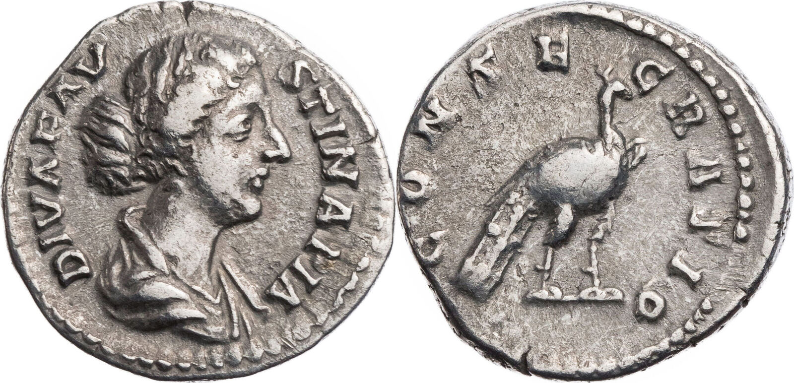 Römische Kaiserzeit Denar 176-180 n. Chr. Diva Faustina minor, Büste / CONSECRATIO, Pfau etwas ...