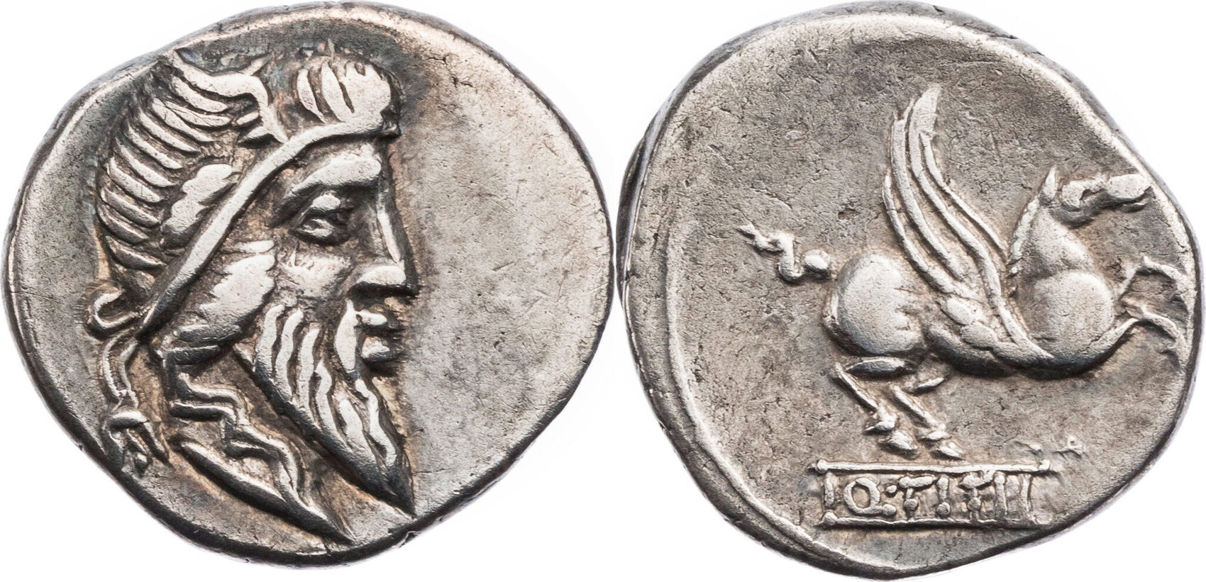 Römische Republik Denar 90 v. Chr. Q. Titius, Kopf des Mutinus Titinus ...