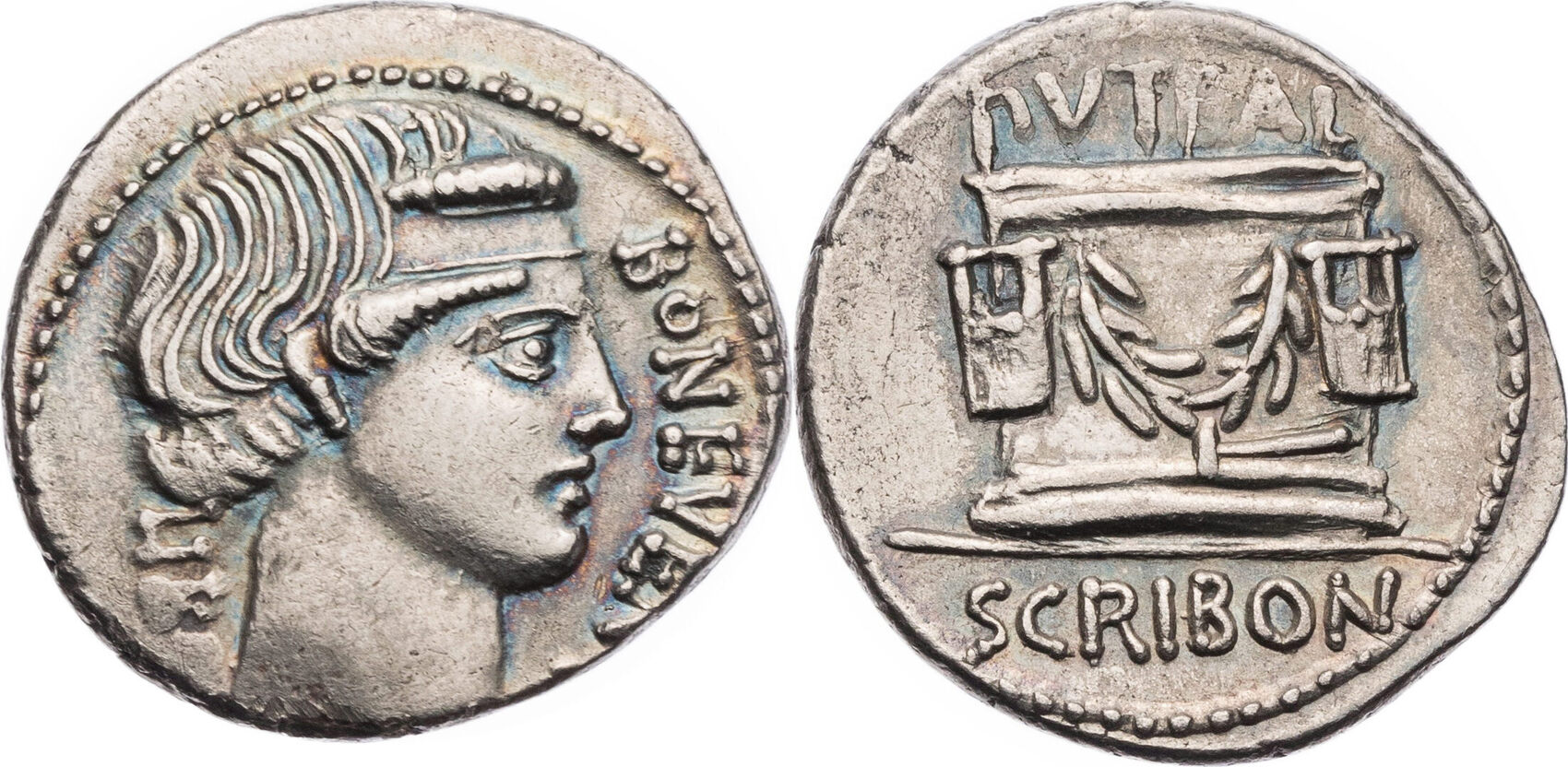 Römische Republik Denar 62 v. Chr. L. Scribonius Libo, Kopf des Bonus ...