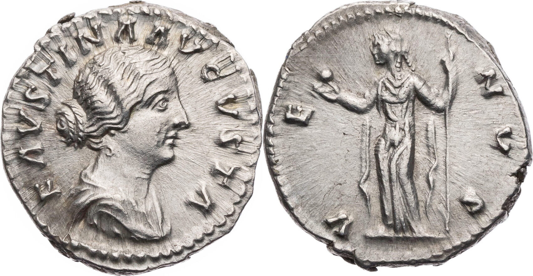 Römische Kaiserzeit Denar 161-176 n. Chr. Faustina minor, Büste / VENVS, Venus mit Szepter und ...