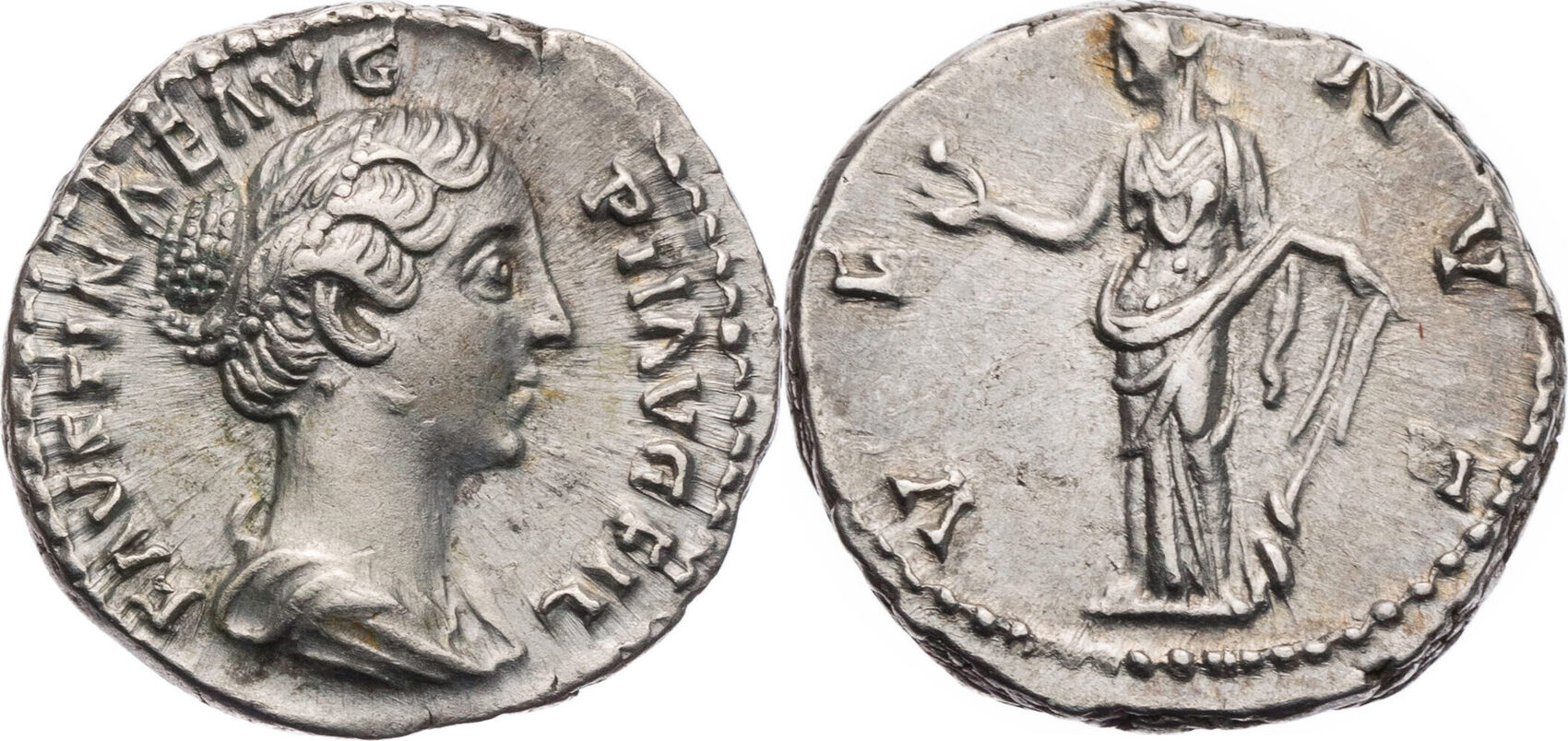 Römische Kaiserzeit Denar 147-150 n. Chr. Faustina minor, Büste / VENVS, Venus mit Ruder und ...