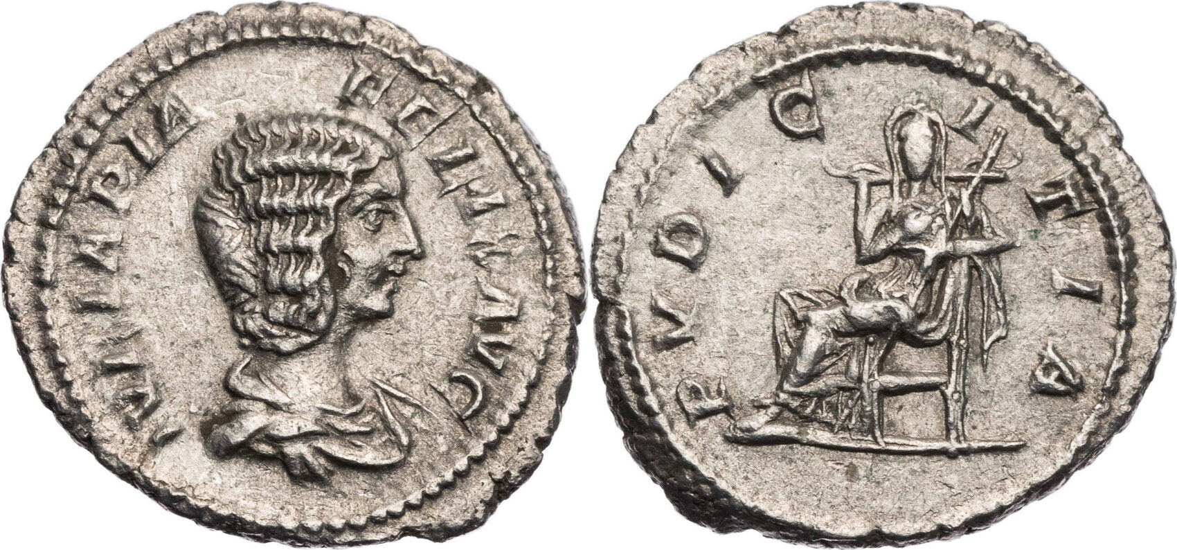 Römische Kaiserzeit Denar 211-217 n. Chr. Iulia Domna, Büste / PVDICITIA, Pudicitia mit Szepter ...