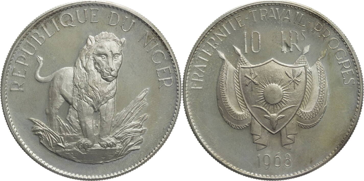 Niger 10 Francs 1968 Löwe - Fraternite Travail Progres PP, Kratzer ...