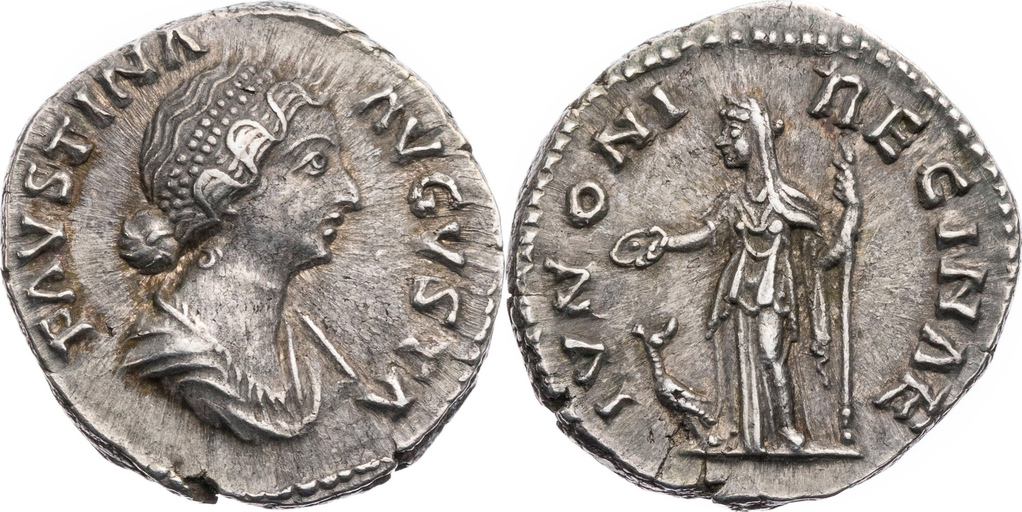 Römische Kaiserzeit Denar 161-176 n. Chr. Faustina II. minor, Büste / IVNONI REGINAE, Iuno mit ...