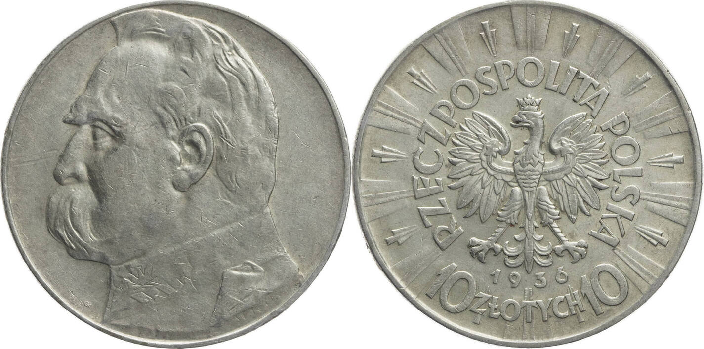 Polen 10 Zlotych (Zloty) 1936 Józef Piłsudski - Kursmünze (1934-1939) vz | MA-Shops