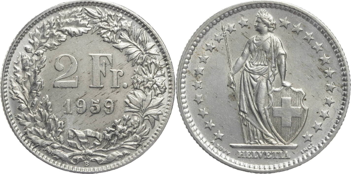 Schweiz 2 Franken 1959 B Helvetia - Kursmünze (1874-1967) ss | MA-Shops