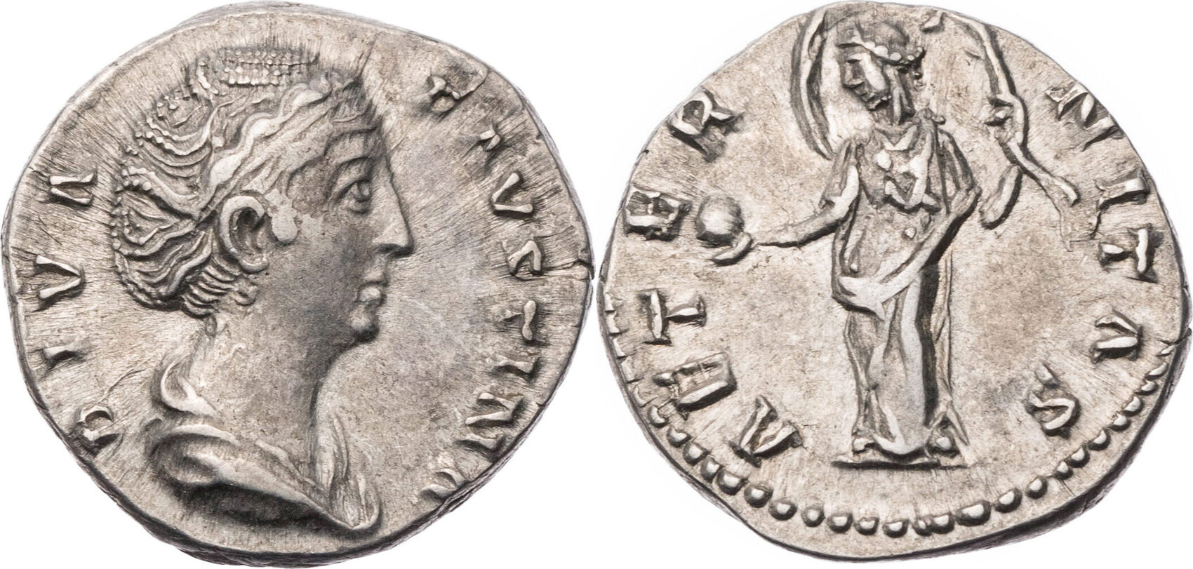 Römische Kaiserzeit Denar nach 141 n. Chr Diva Faustina I., Büste / AETERNITAS, Providentia mit ...