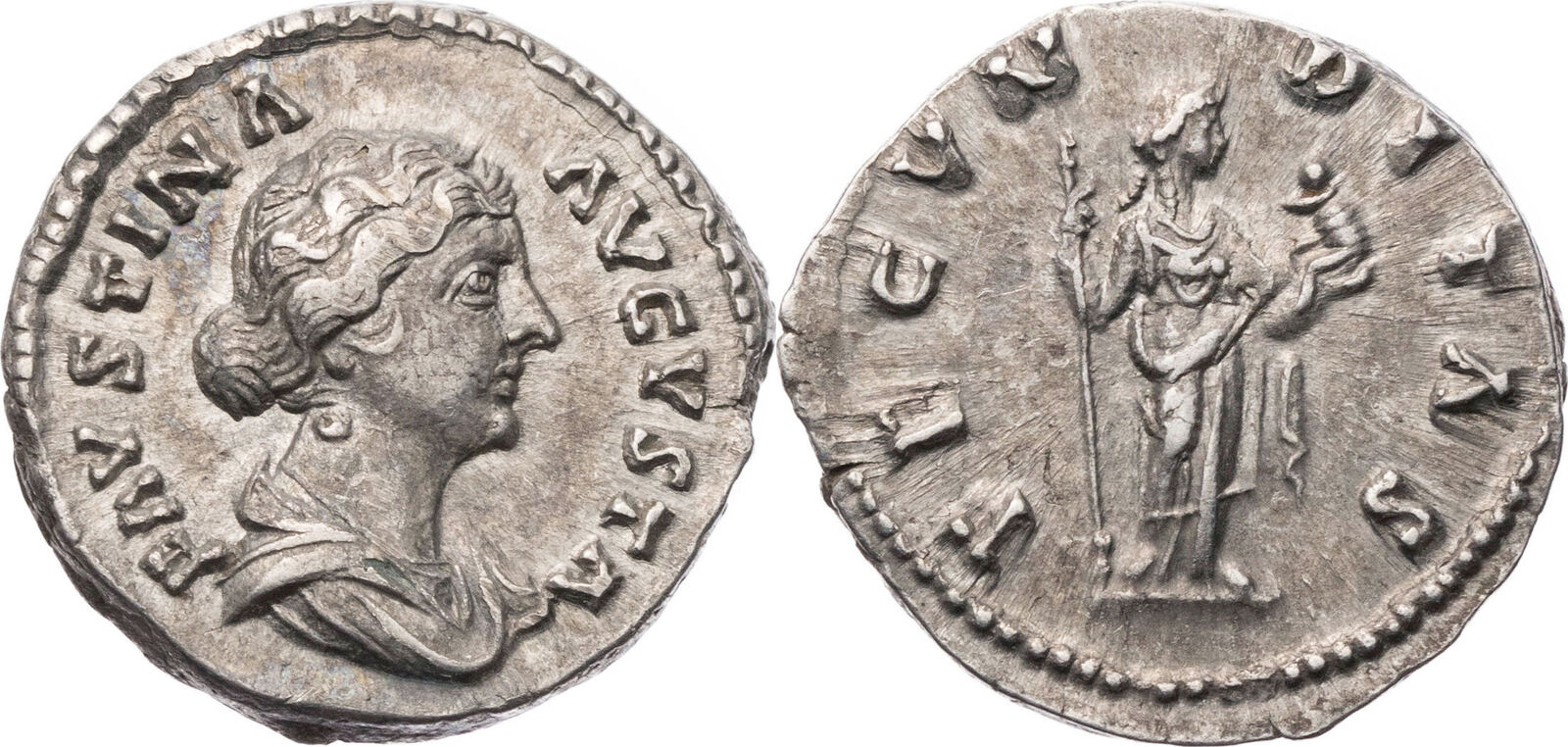 Römische Kaiserzeit Denar 161-175 n. Chr. Faustina minor, Büste / FECVNDITAS, Fecunditas mit ...