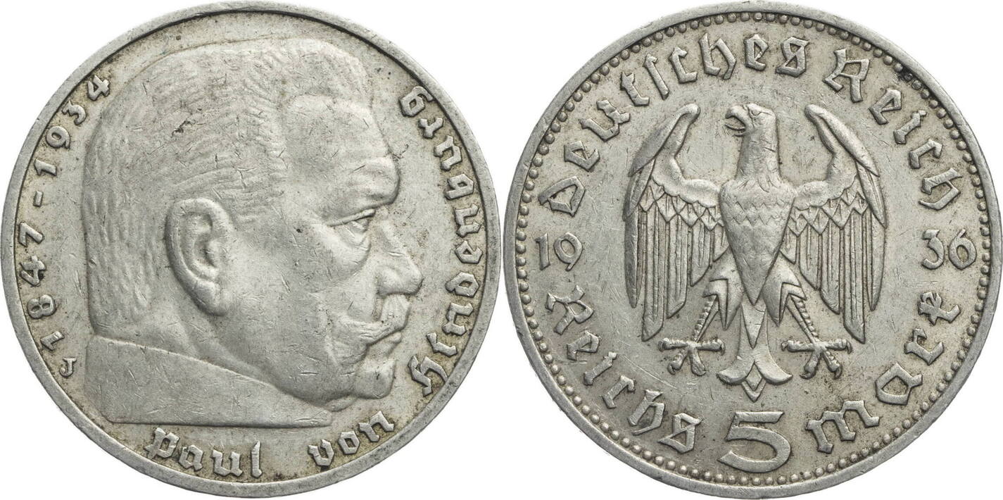 Drittes Reich 5 Reichsmark 1936 J Kursmünze ss | MA-Shops