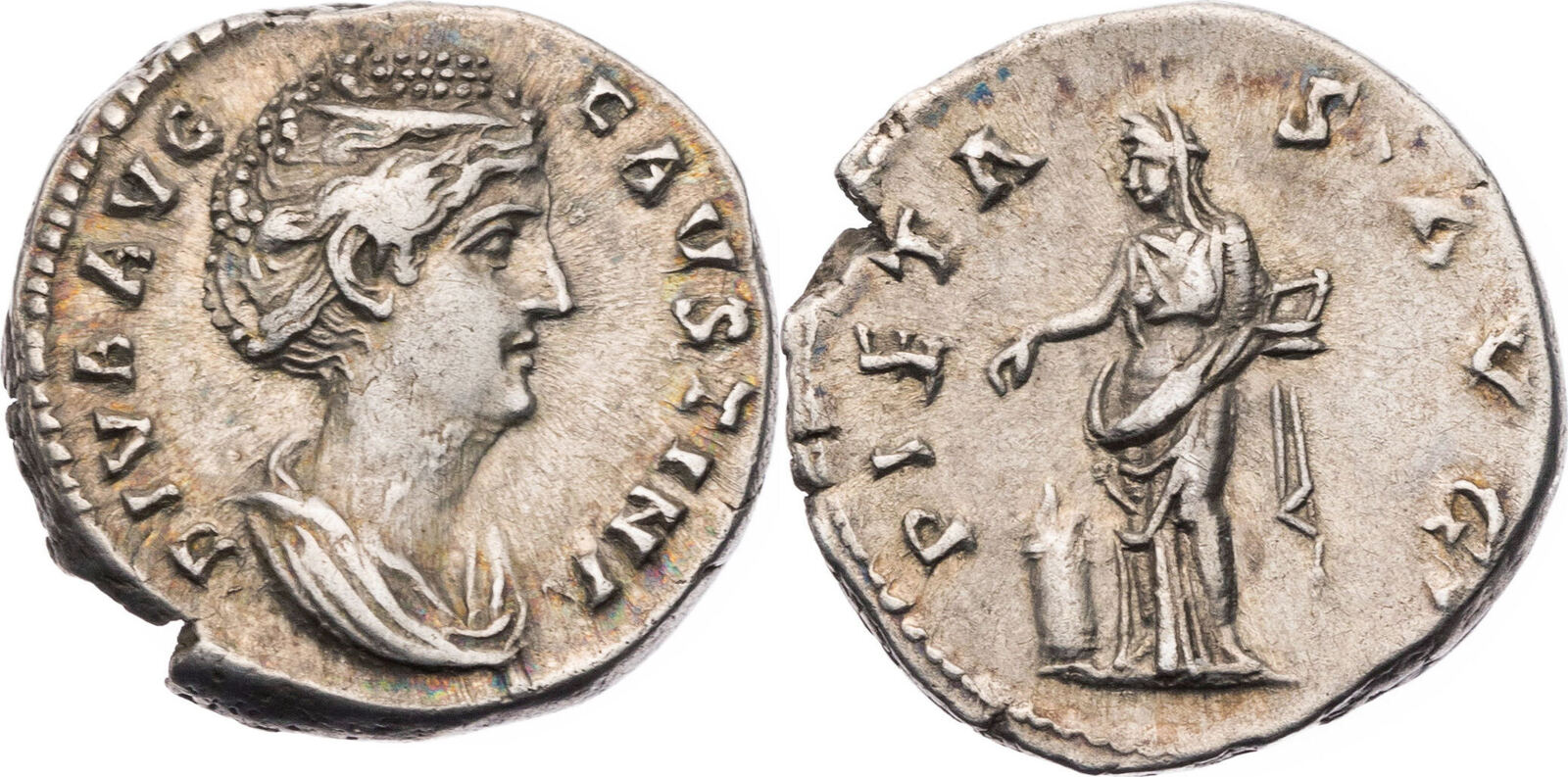 Römische Kaiserzeit Denar nach 141 n. Chr. Diva Faustina I., Büste / PIETAS AVG, Pietas neben ...