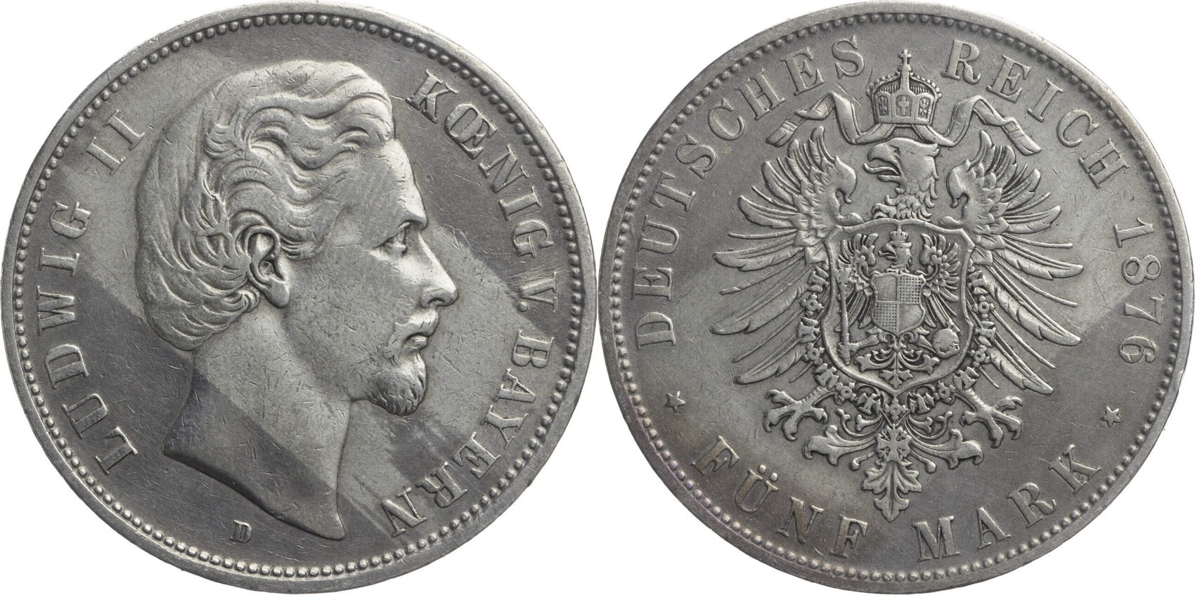 Kaiserreich, Bayern 5 Mark 1876 D Ludwig II. (1864-1886) - Kursmünze ...