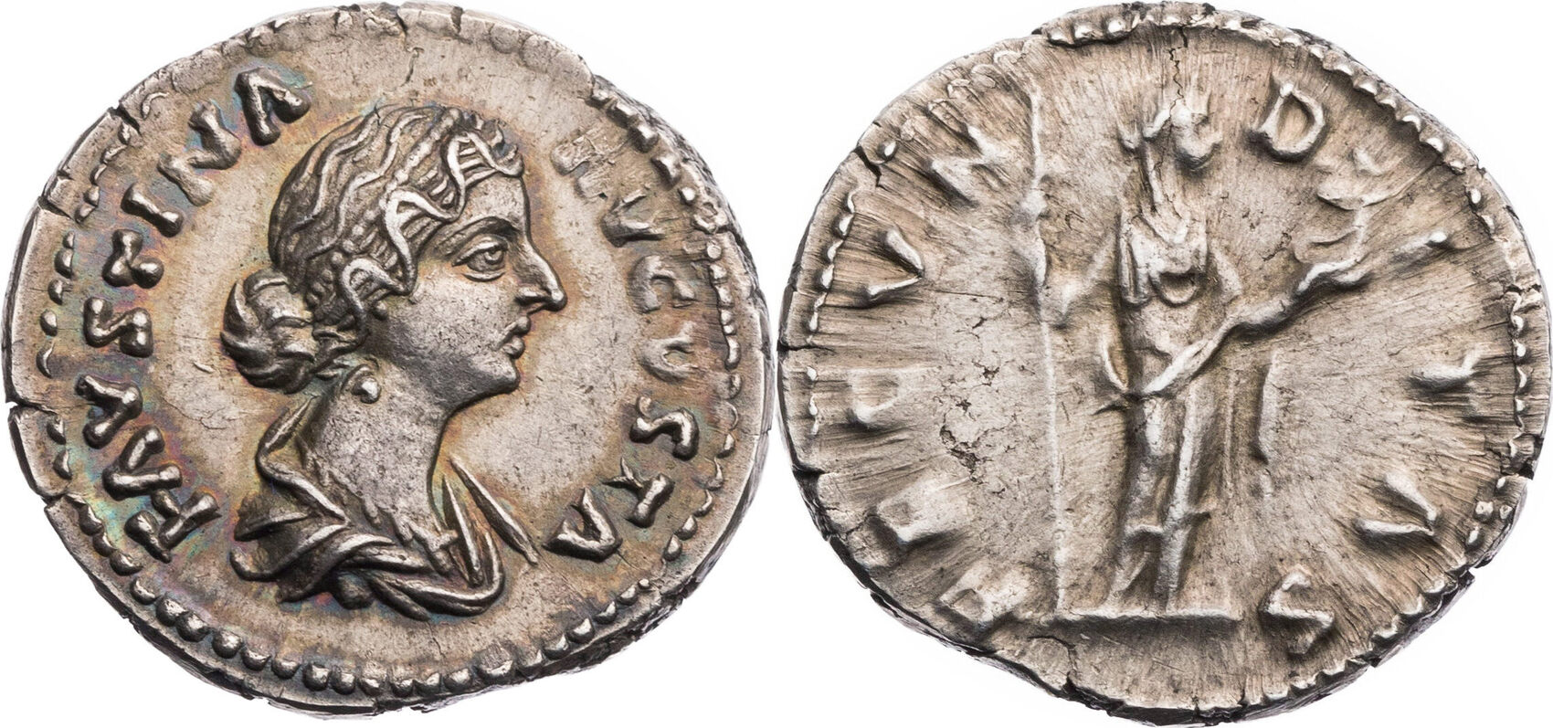 Römische Kaiserzeit Denar 161-176 n. Chr. Faustina minor, Büste / FECVNDITAS, Fecunditas mit ...