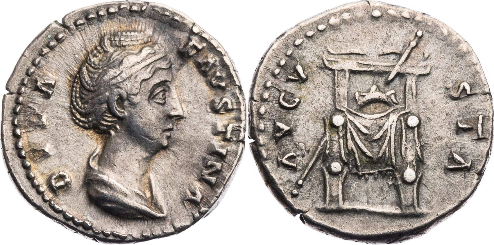 Römische Kaiserzeit Denar 141 n. Chr. Diva Faustina I., Büste / Thron Vs. winz. Kratzer, fast vz ...