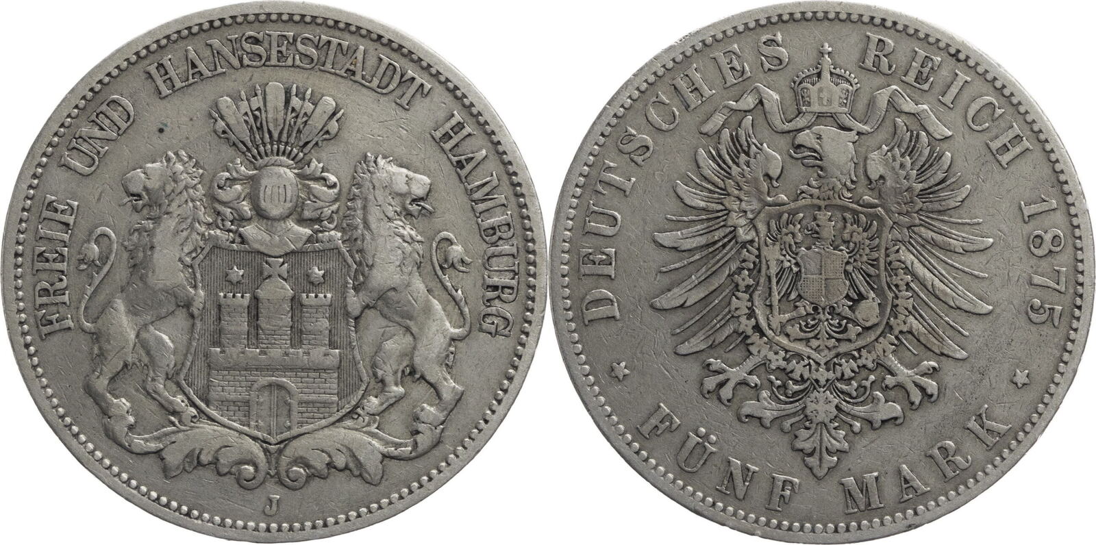 Kaiserreich, Hamburg 5 Mark 1875 J Kursmünze (1875-1888) s-ss | MA-Shops