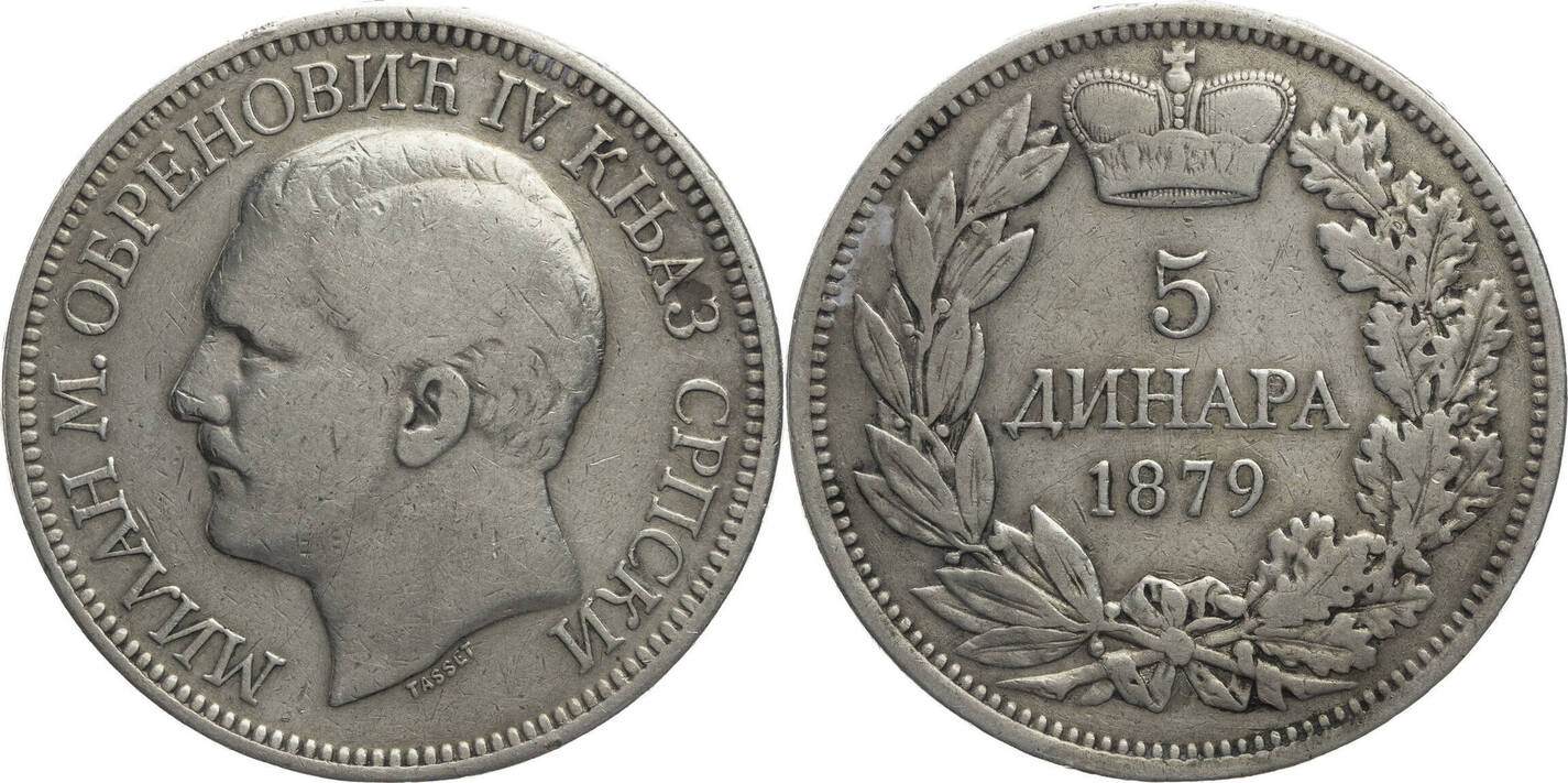 Serbien 5 Dinara 1879 Milan Obrenovic IV. (1868-1882) ss | MA-Shops