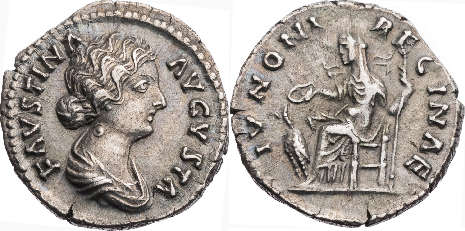 Römische Kaiserzeit Denar 161-176 n. Chr. Faustina minor, Büste / IVNONI REGINAE, Iuno mit ...