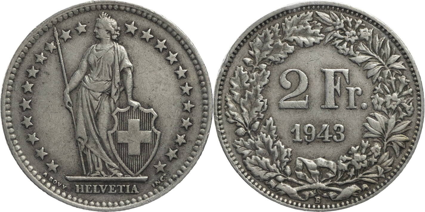 Schweiz 2 Franken 1943 B Helvetia - Kursmünze (1874-1967) ss | MA-Shops