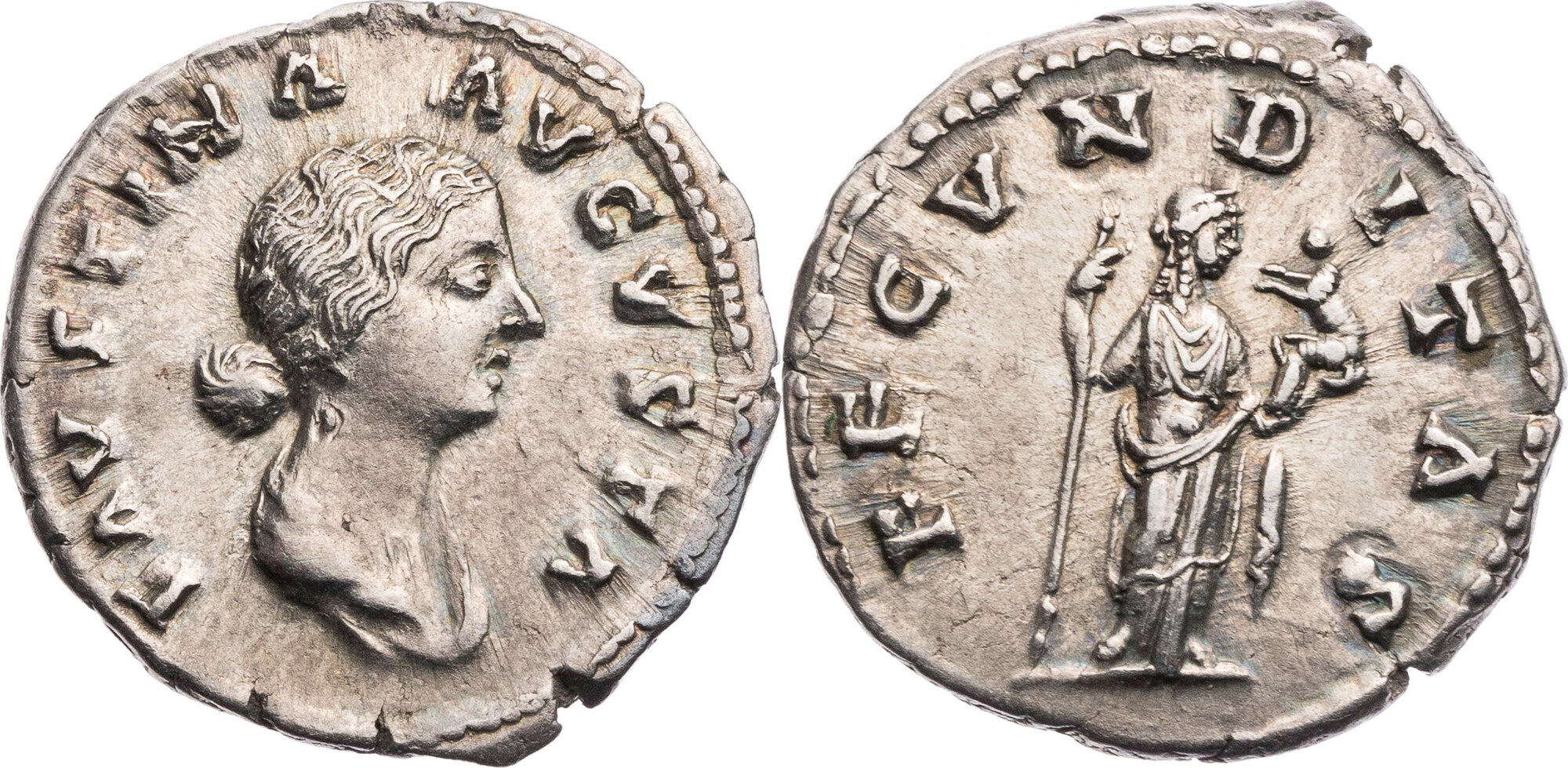 Römische Kaiserzeit Denar 161-175 n. Chr. Faustina minor, Büste / FECVNDITAS, Fecunditas mit ...