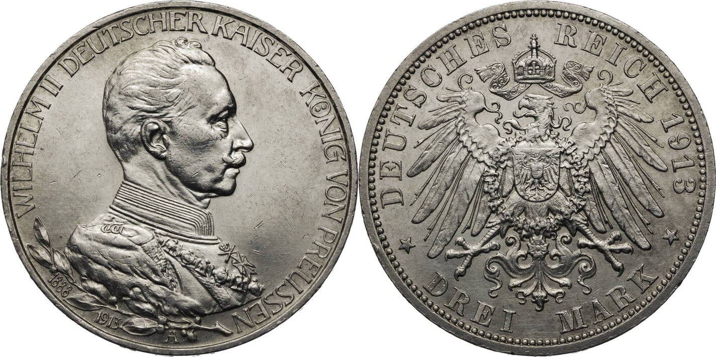 Kaiserreich, Preussen 3 Mark 1913 A Wilhelm II. (1888-1918) - 25jähriges Regierungsjubiläum ss ...