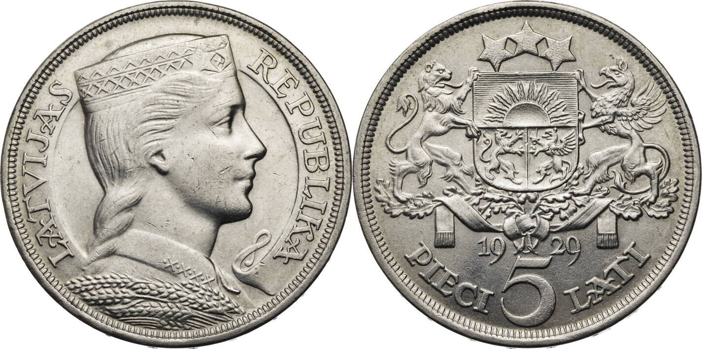 Lettland 5 Lati 1929 Kursmünze (1929-1932) ss-vz, Kratzer | MA-Shops