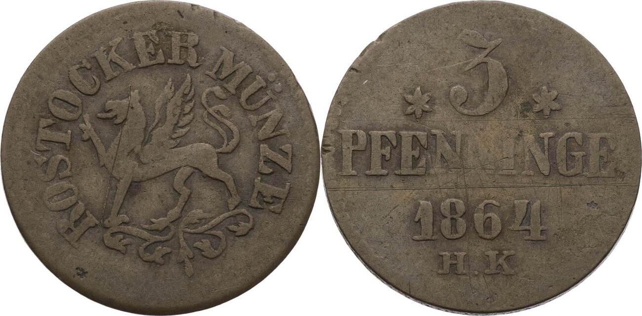 Rostock, Stadt 3 Pfennig 1864 HK Kursmünze (1862-1864) schön | MA-Shops