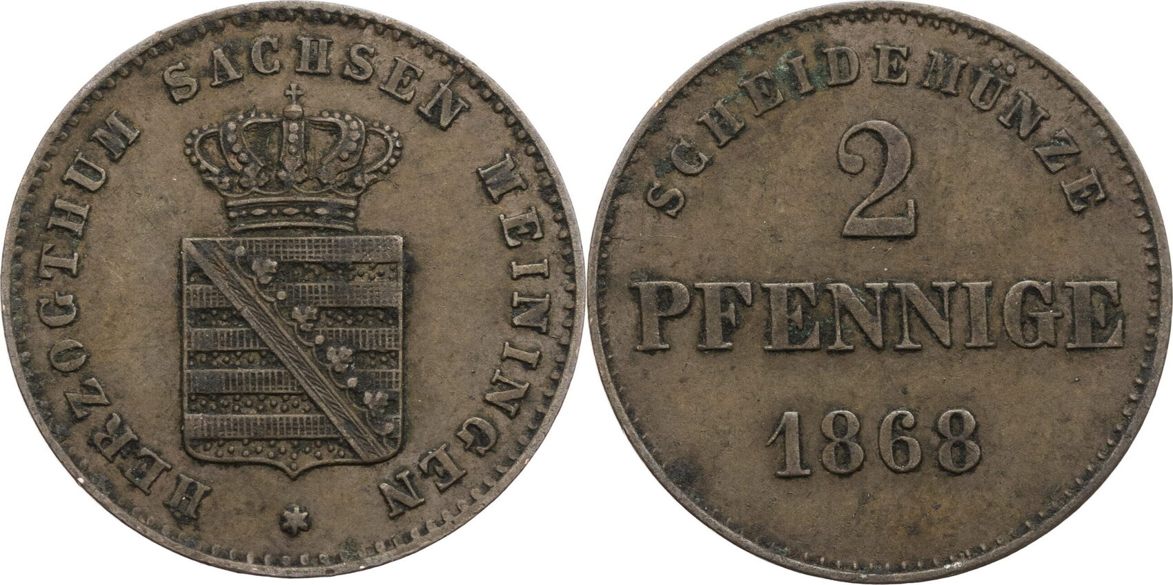 Sachsen-Meiningen, Herzogtum 2 Pfennige 1868 Georg II. (1866-1914) ss ...