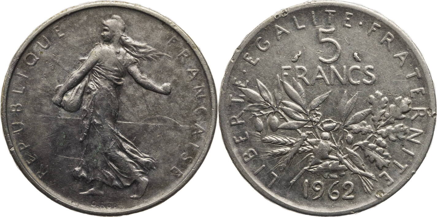 Frankreich, 5. Republik 5 Francs 1962 Semeuse - Kursmünze (1959-1969 ...
