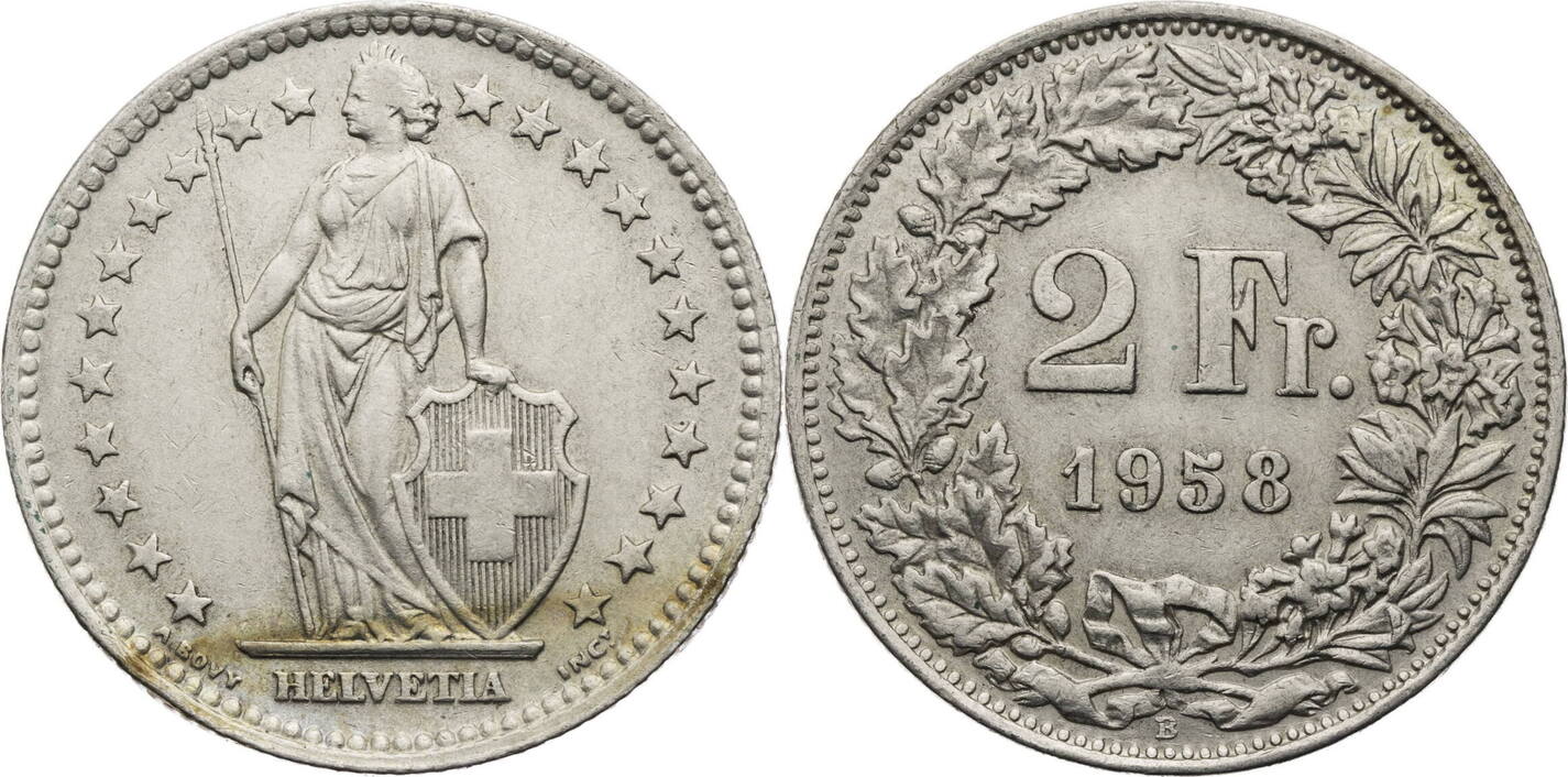 Schweiz 2 Franken 1958 B Helvetia - Kursmünze (1874-1967) ss | MA-Shops