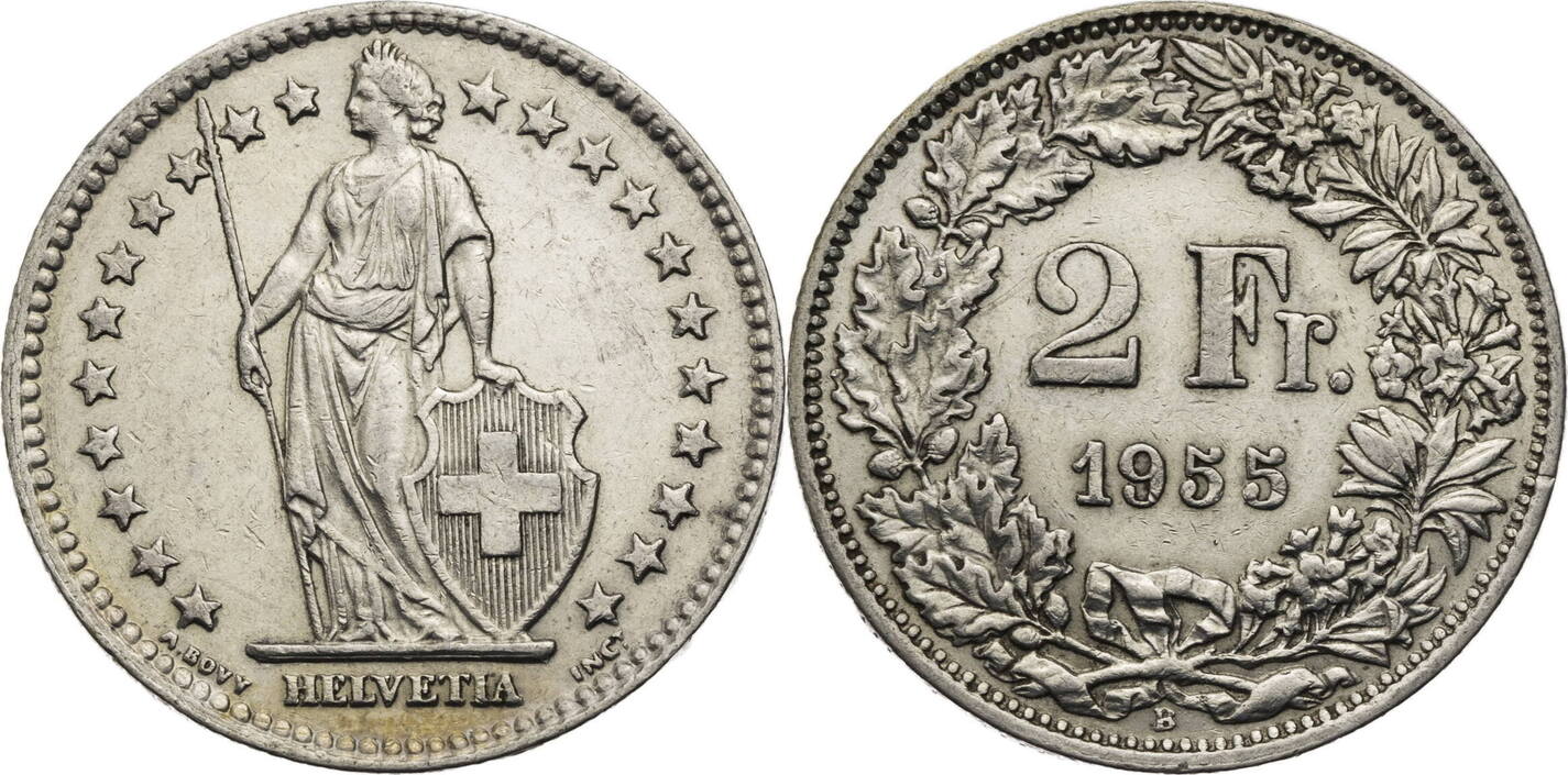 Schweiz 2 Franken 1955 B Helvetia - Kursmünze (1874-1967) ss | MA-Shops