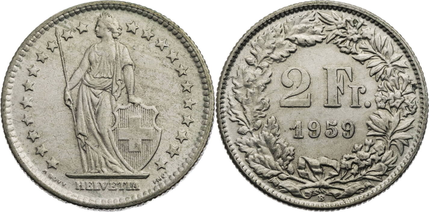 Schweiz 2 Franken 1959 B Helvetia - Kursmünze (1874-1967) ss | MA-Shops