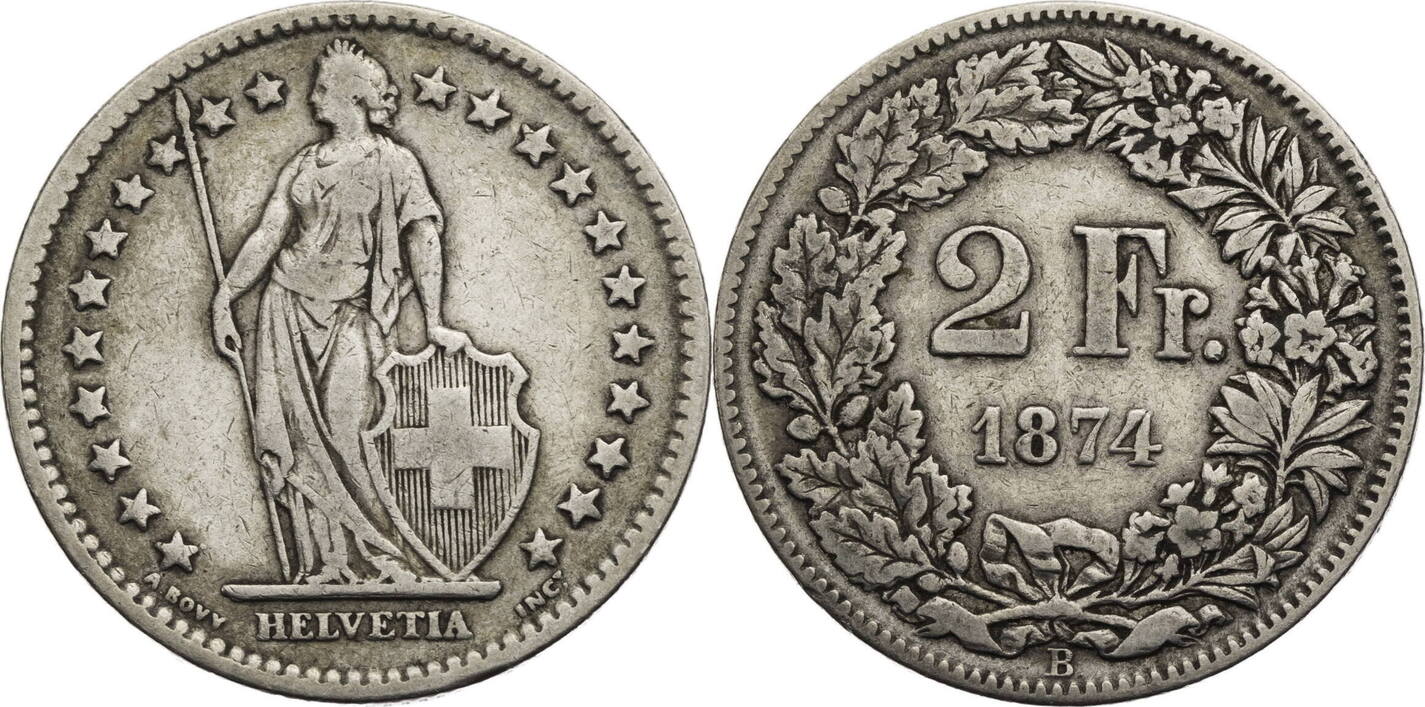 Schweiz 2 Franken 1874 B Helvetia - Kursmünze (1874-1967) schön | MA-Shops