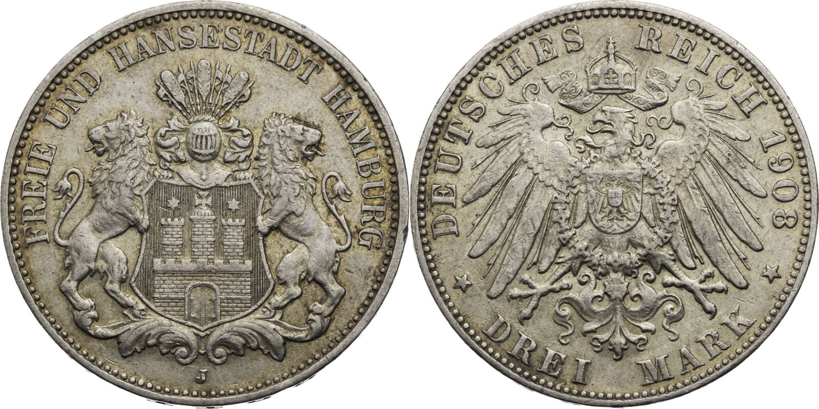 Kaiserreich, Hamburg 3 Mark 1908 J Kursmünze (1908-1914) ss-vz | MA-Shops