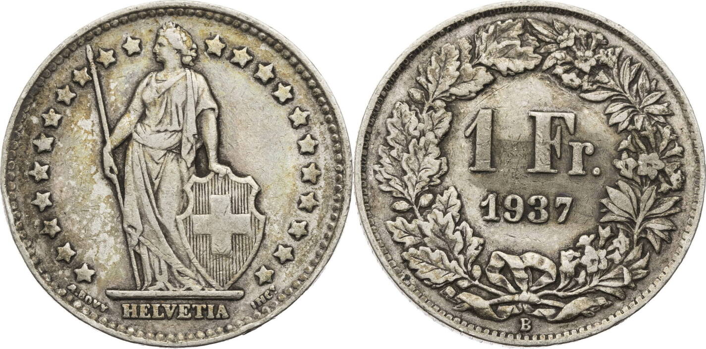 Schweiz 1 Franken 1937 B Helvetia - Kursmünze (1875-1967) schön | MA-Shops