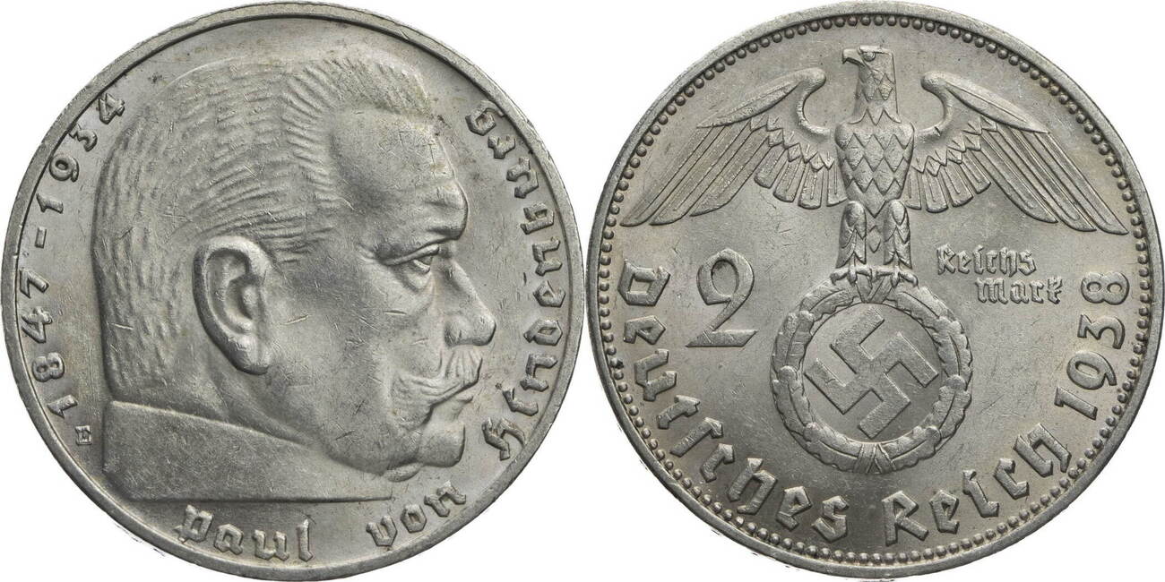 Drittes Reich 2 Reichsmark 1938 E Paul von Hindenburg - Kursmünze (1936 ...