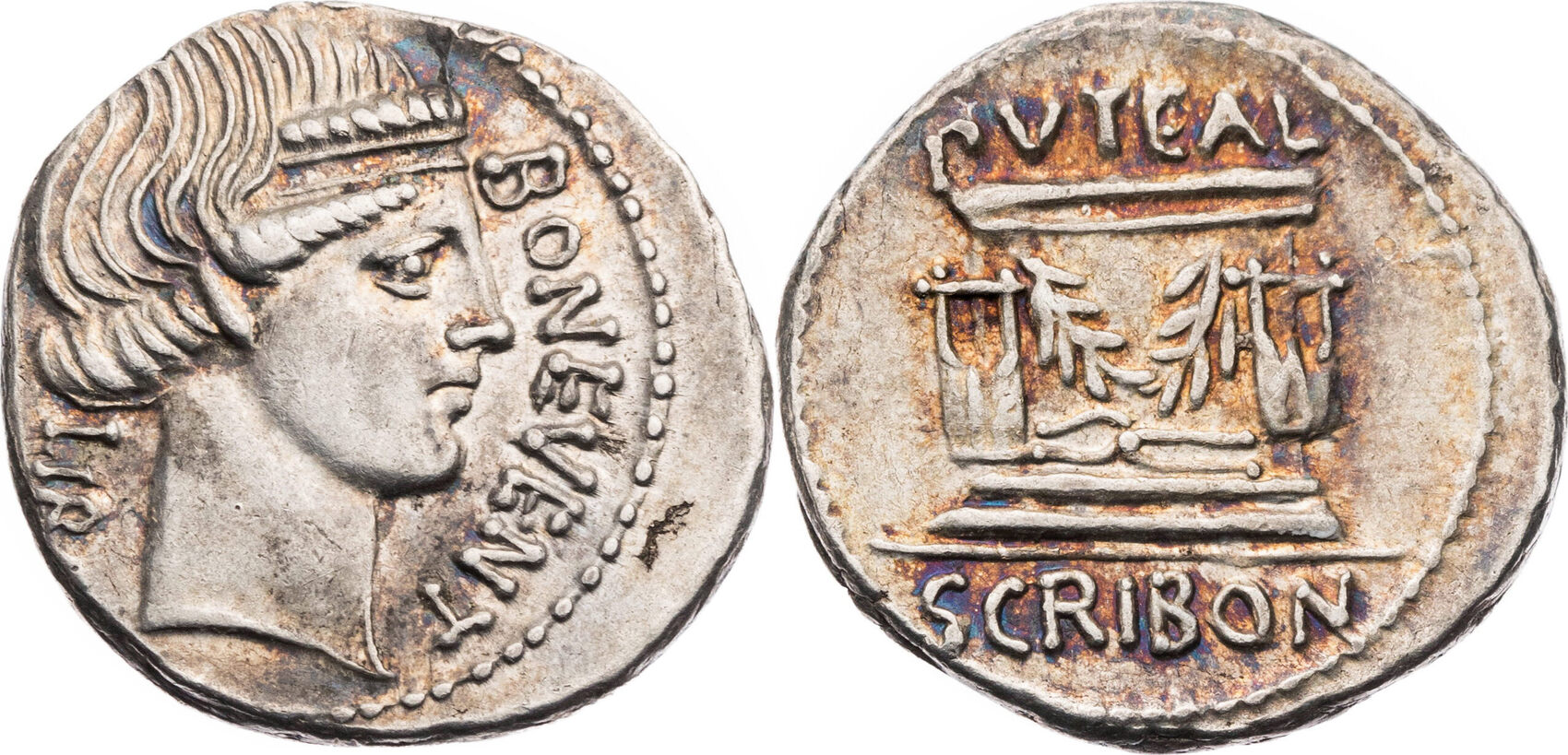 Römische Republik Denar 62 v. Chr. L. Scribonius Libo, Kopf des Bonus ...