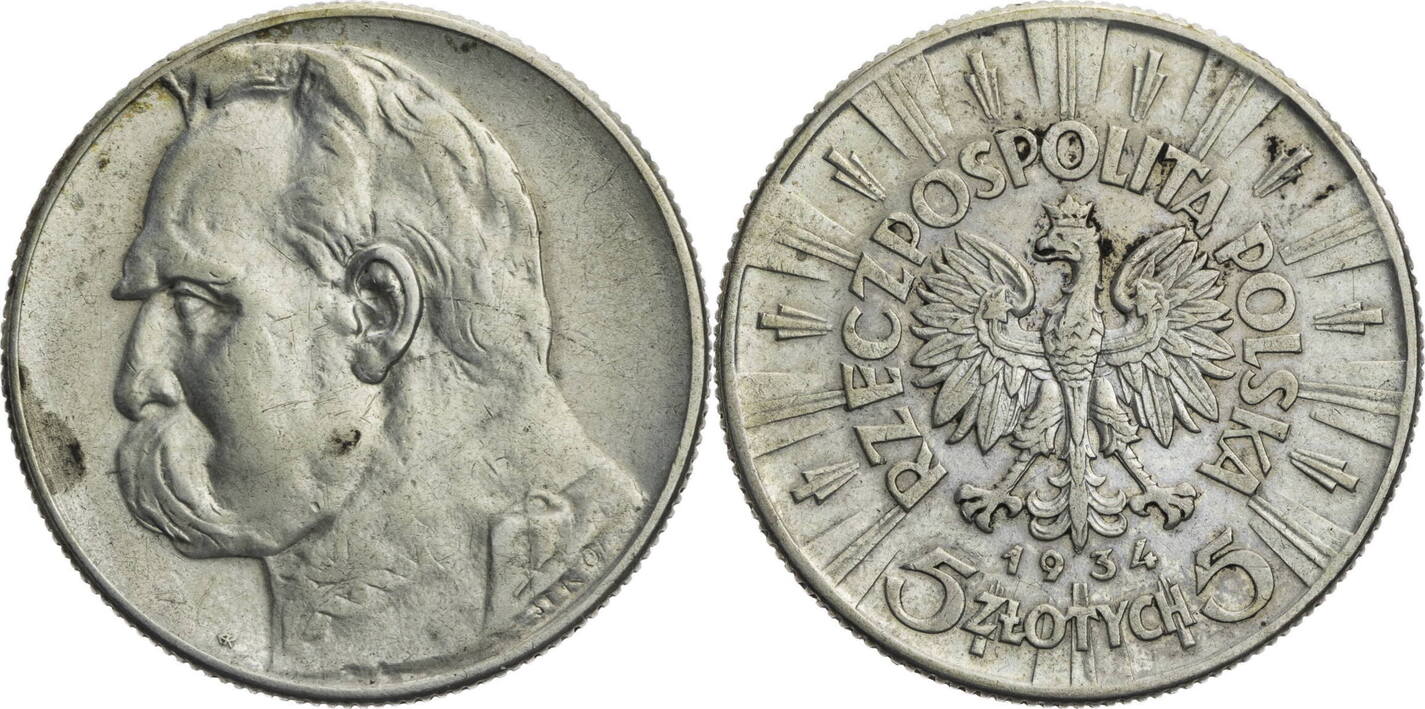 Polen 5 Zloty 1934 Jozef Pilsudski - Kursmünze (1934-1938) ss | MA-Shops