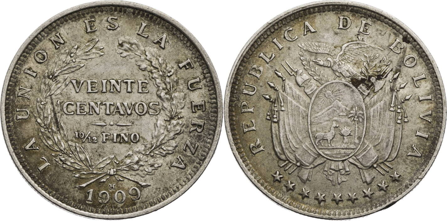 Bolivien 20 Centavos 1909 H Kursmünze ss-vz | MA-Shops