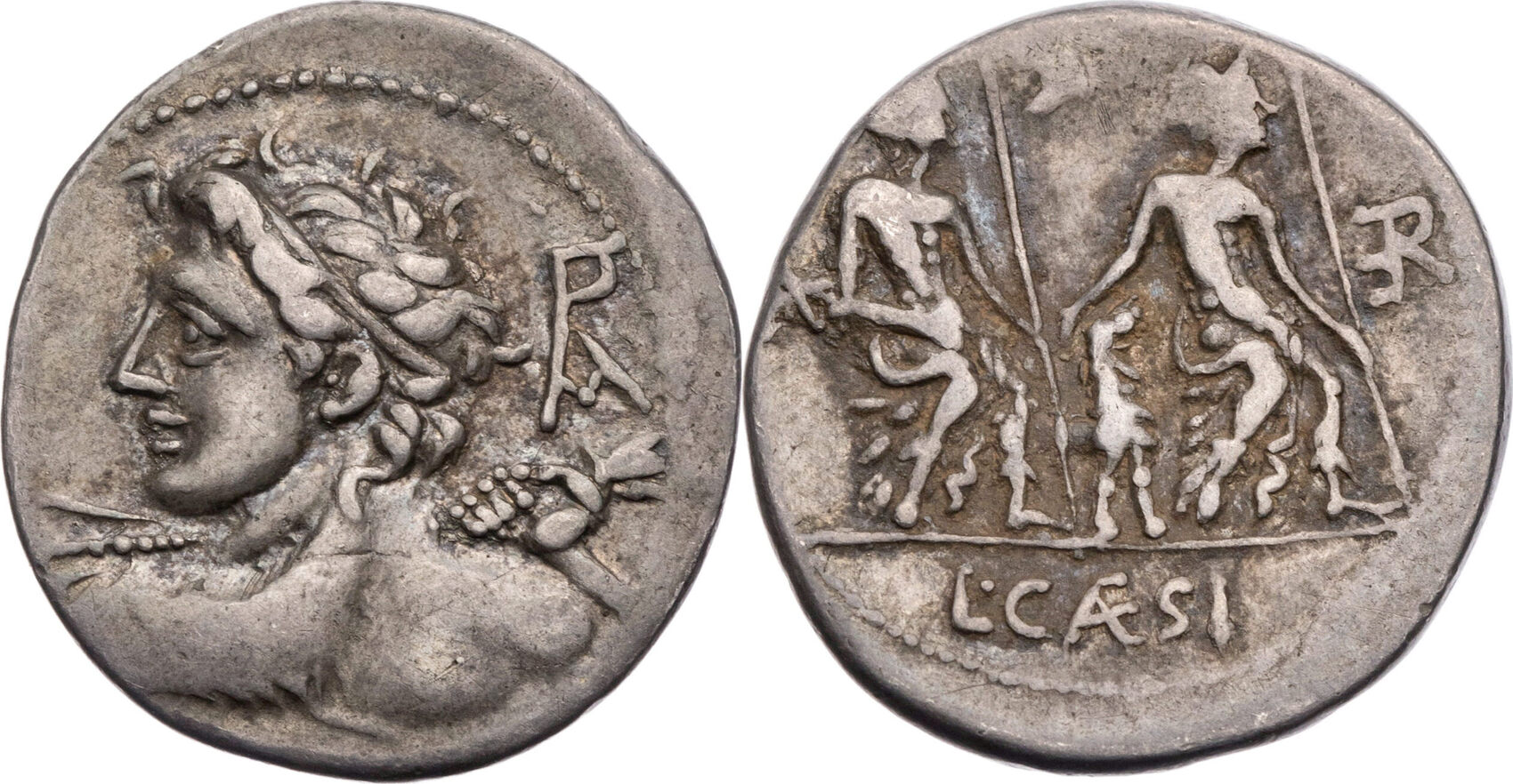 Römische Republik Denar 112/111 v. Chr. L. Caesius, Büste des Veiovis ...