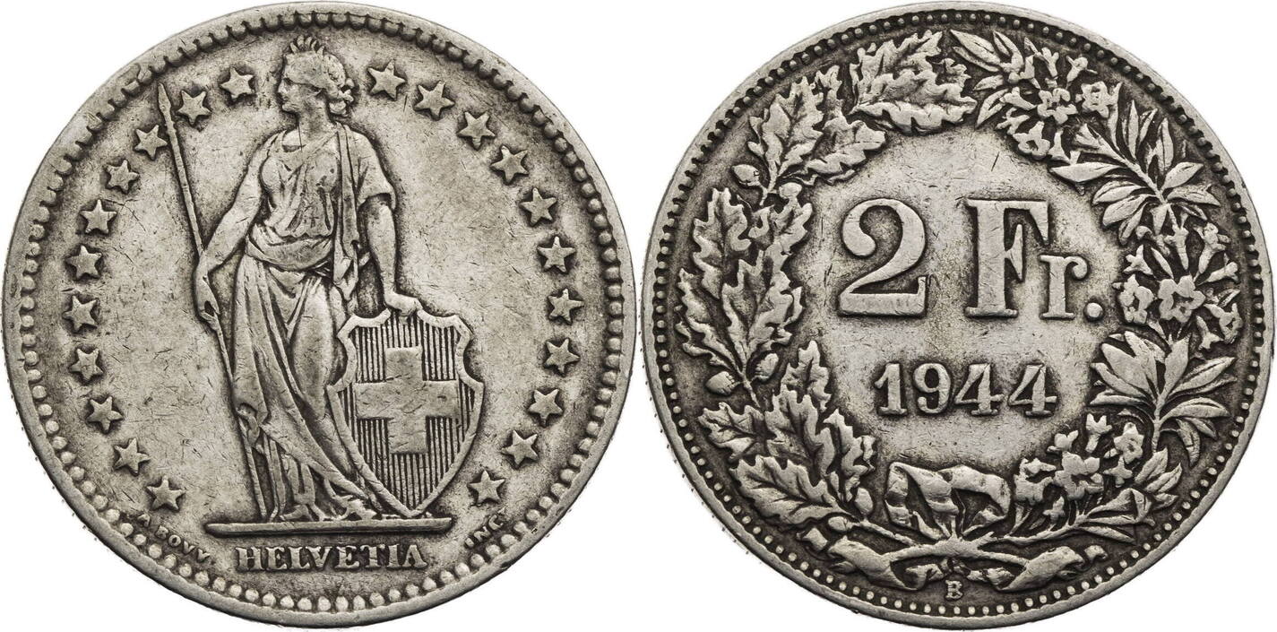 Schweiz 2 Franken 1944 B Helvetia - Kursmünze (1874-1967) ss | MA-Shops