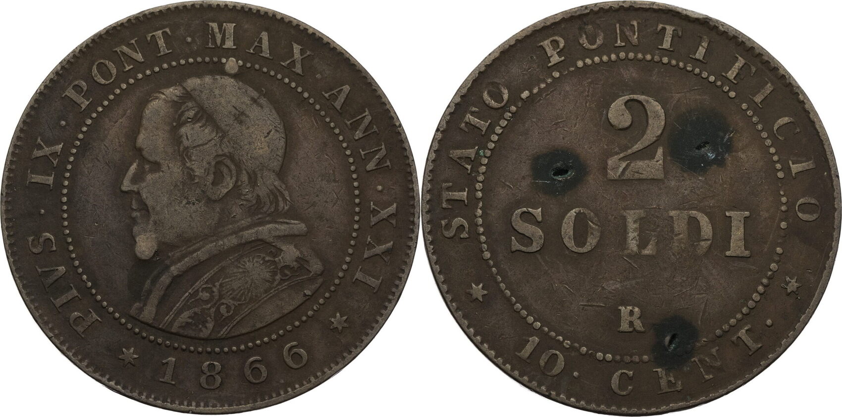 Vatikan 2 Soldi 1866 R Pius IX. (1846-1878) - Kursmünze (1866-1867) s-ss, Broschierspuren | MA-Shops