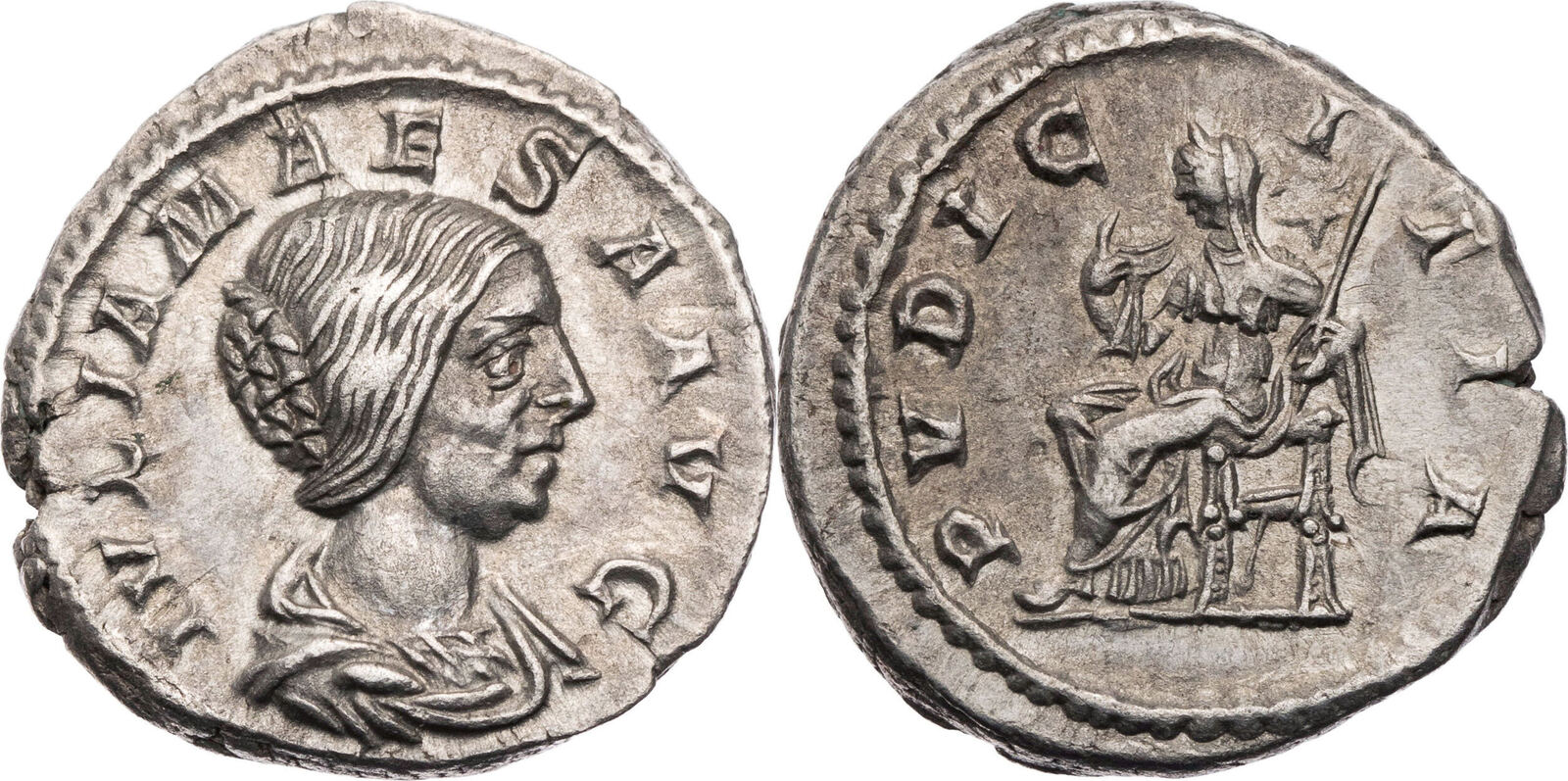 Römische Kaiserzeit Denar 218-222 n. Chr. Iulia Maesa, Büste / PVDICITIA, Pudicitia mit Szepter ...