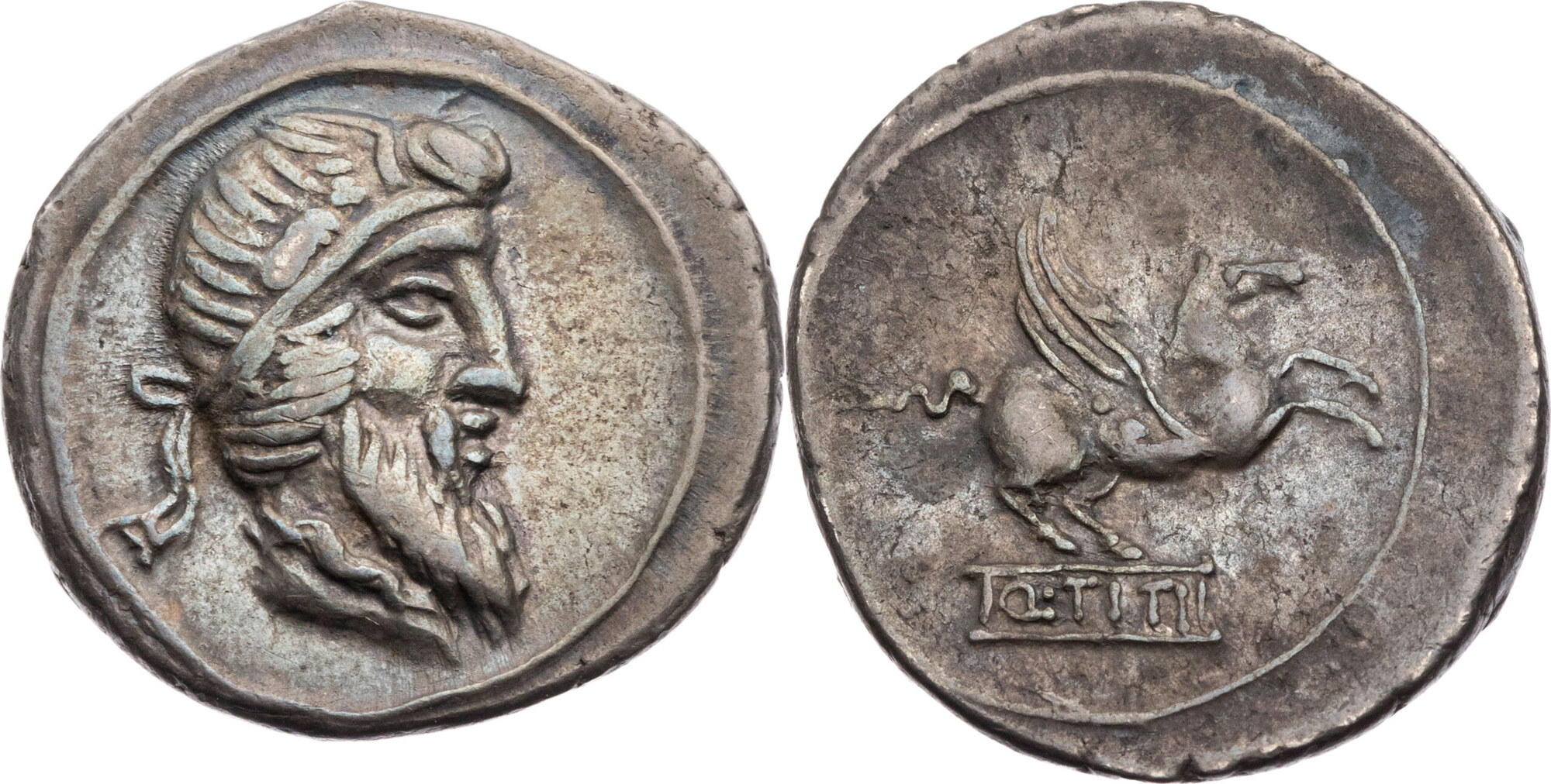 Römische Republik Denar 90 v. Chr. Q. Titius, Kopf des Mutinus Titinus ...