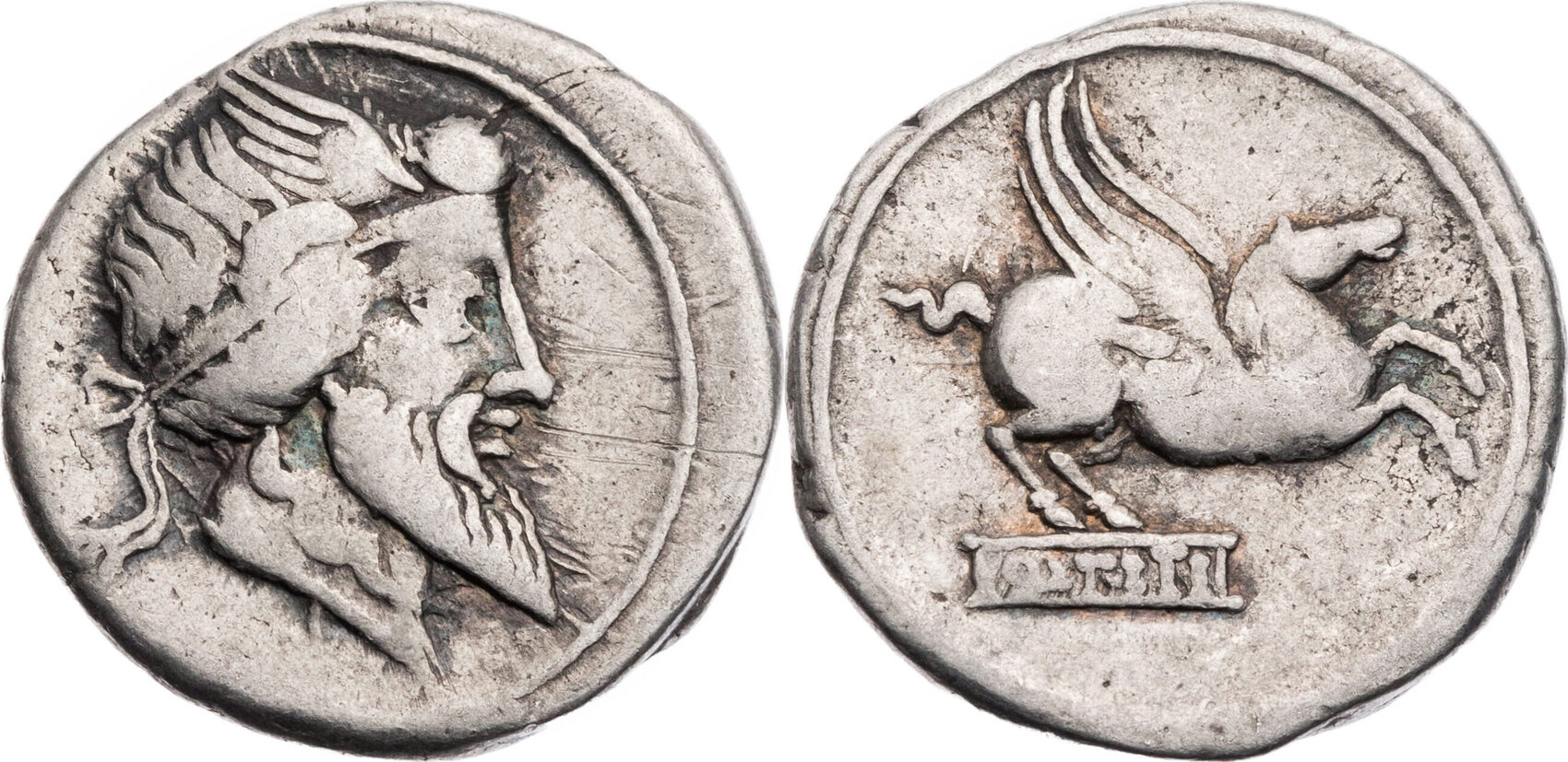 Römische Republik Denar 90 v. Chr. Q. Titius, Kopf des Mutinus Titinus ...