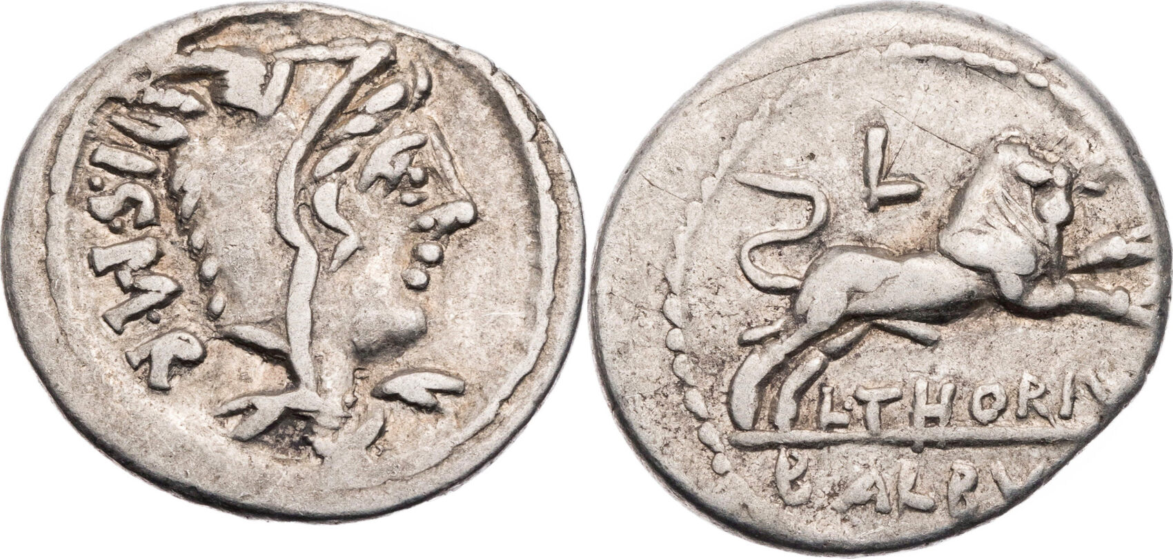 Römische Republik Denar 105 v. Chr. L. Thorius Balbus, Kopf der Iuno ...