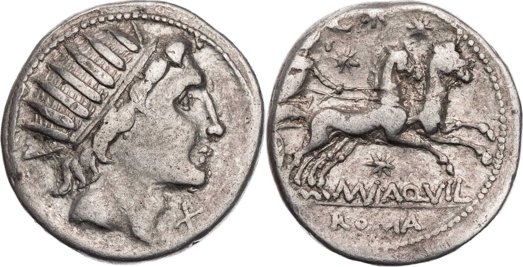 Römische Republik Denar 109/108 v. Chr. Mn. Aquillius, Kopf des Sol ...