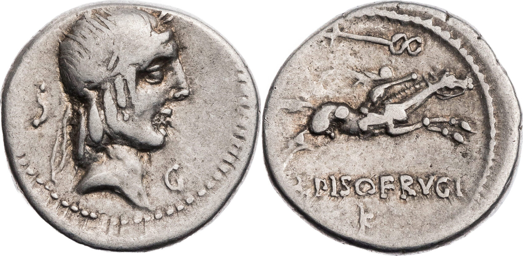 Römische Republik Denar 90 v. Chr. L. Calpurnius Piso Frugi, Kopf des ...