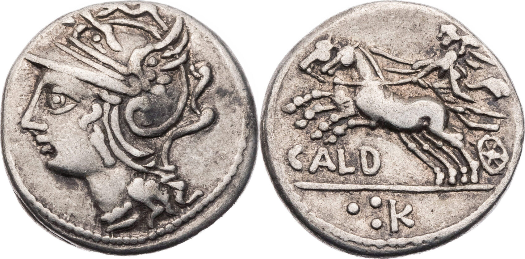 Römische Republik Denar 104 v. Chr. C. Coelius Caldus, Kopf der Roma ...