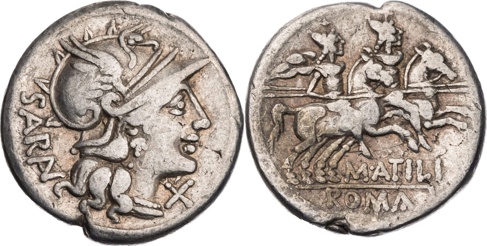 Römische Republik Denar 148 v. Chr. M. Atilius Saranus, Kopf der Roma ...