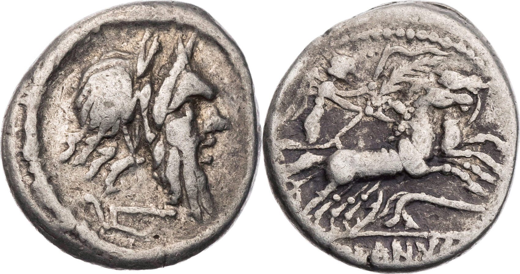 Römische Republik Denar 91 v. Chr. D. Iunius Silanus, Silensmaske ...